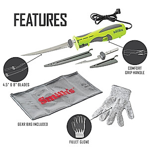 Smith’s Mr. Crappie Slab-O-Matic Electric Fillet Knife - Removable 8” & 4.5” Serrated Stainless Steel Blades w/ Sheaths - Fillet Glove & Mesh Storage Bag - Fishing, Outdoor, Hunting Electric Knife
