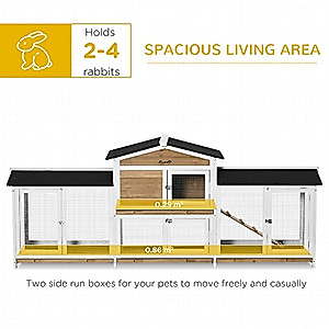 PawHut 90.5" Wooden Rabbit Hutch Bunny Cage Pet Playpen House Enclosure with Double Side Run Boxes, No Leak Tray, Ramp, for Guinea Pig and Small Animals, White