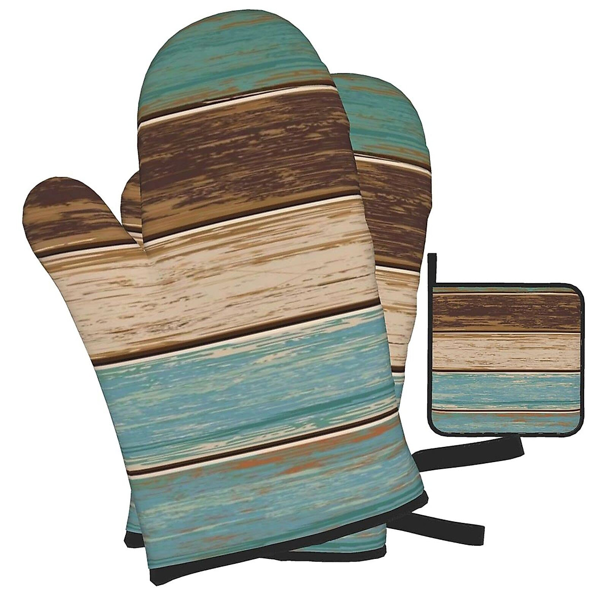 Nautical Vintage Wood Oven Mitts and Pot Holder Set - Retro Blue Ocean Rustic Oil Print Theme Hot Pad Waterproof Heat Resistant Kitchen Microwave Gloves for Cooking BBQ Baking Grilling