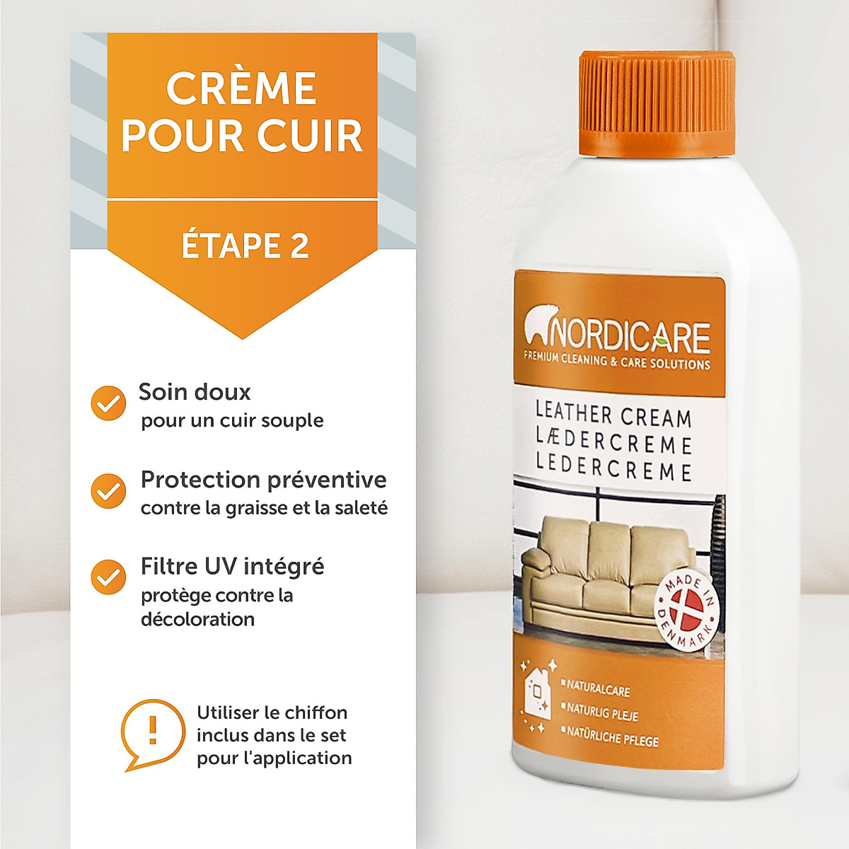 Nordicare Leather Cleaner Care Kit for Sofas, Cars, Furniture - Leather Cleaner for Sofas - Car Leather Cleaner, Leather Cleaner for Car Seats - with UV Protection - Made in Denmark 8.45 oz