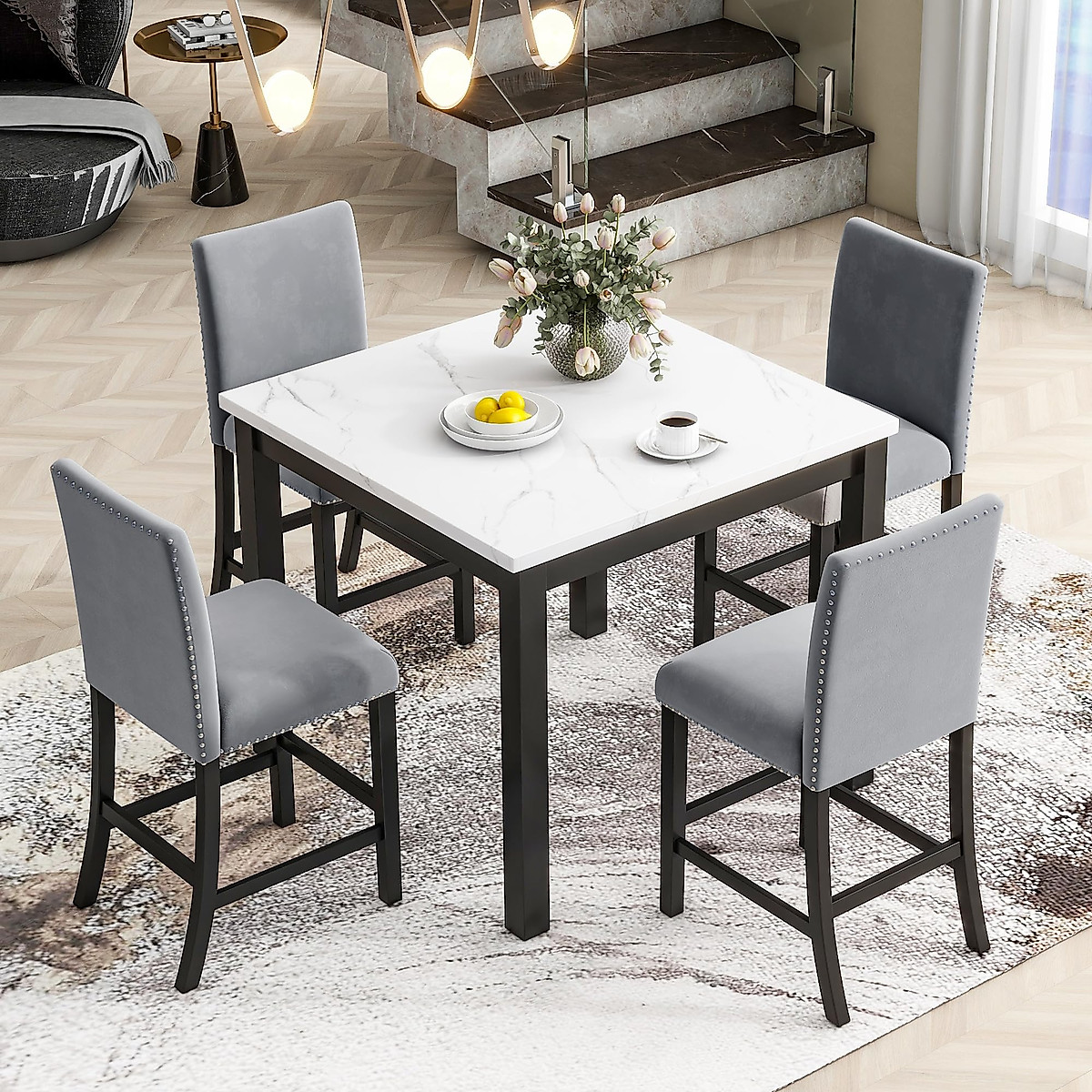 Counter Height Dining Table Set for 4, Farmhouse Kitchen Table Set with Faux Marble Tabletop and 4 Upholstered Chairs, Wooden Table and Chairs Set for Kitchen, Dining Room, Small Space, Grey