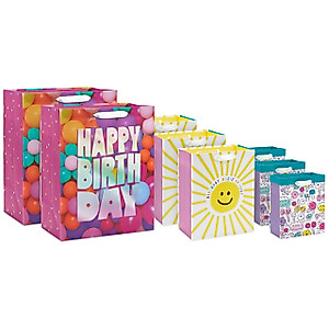Hallmark Assorted Birthday Gift Bags (8 Bags: 3 Small 6", 3 Medium 9", 2 Large 13") Smiling Sun, Balloons, Cute Flowers and Plants