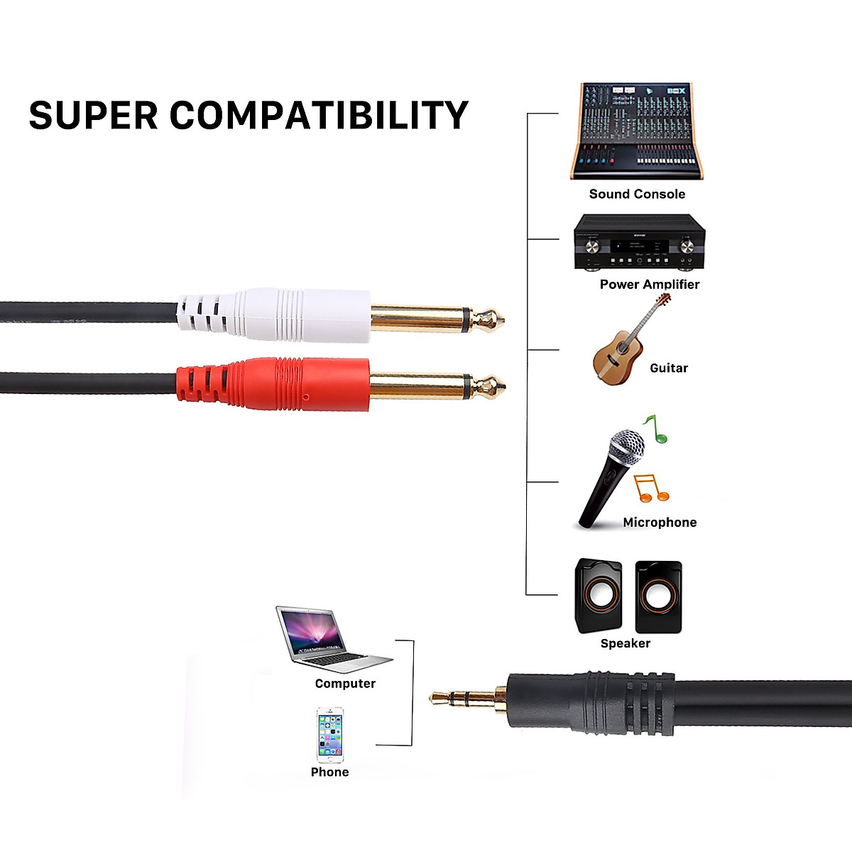 Devinal [25 Feet 1/8 inch Male Stereo to Dual 1/4 Mono Male Audio Cable, 3.5mm TRS to Dual 6.35mm TS Y Splitter Breakout Cord, Gold Plated Heavy Duty Durable 7.5 Meters