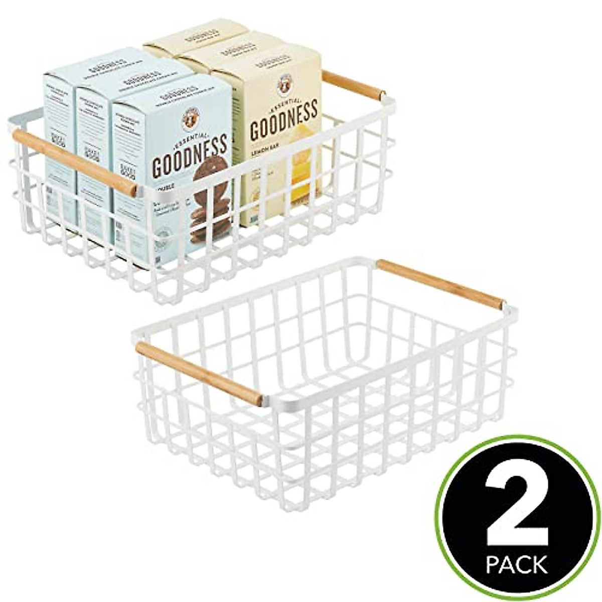 mDesign Metal Wire Storage Organizer Basket with Bamboo Wood Handles for Kitchen Pantry, Rustic Farmhouse Bin to Store Fruit, Coffee, Spices, Supplies, Yami Collection, 2 Pack, Matte White/Natural/Tan