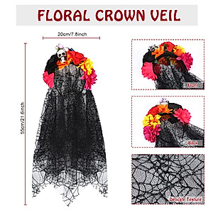WILLBOND Day of the Dead Headband Halloween Crown Rose Floral Veil Headband with 8 Pcs Halloween Temporary Face Tattoos Dead Skull (Multi Color, Charming Style)