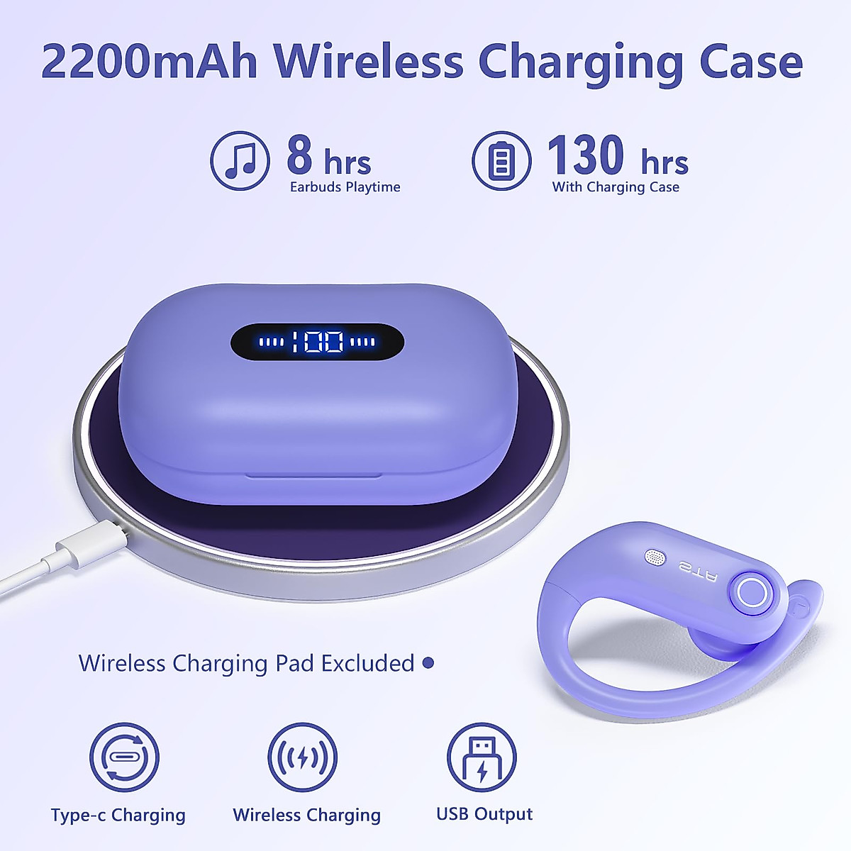 occiam Wireless Earbuds Bluetooth Headphones 130H Playback 4 Mics Clear Call Waterproof 2200mAh Charging Case in-Ear Ear Buds Earphones with Earhooks for Sports Running Workout-STADOR (Purple)