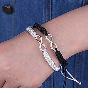 COLORFUL BLING 2Pcs Infinity Distance Couple Braided Handcrafted Luck Bracelet Bangle Adjustable Rope His and Hers Wristband Wrist Jewelry-black white