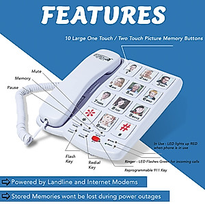 Future Call FC-0613 Best Landline Phones for Seniors, Landline Phone for Hearing Impaired Seniors, Dementia Products for Elderly, Alzheimers Products, Big Button Telephone for Seniors, 10 Picture Keys