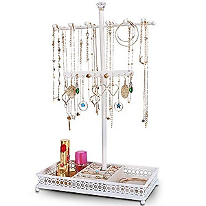 Meangood Jewelry Tree Stand Organizer 3in1 Necklace Organizer Display Bracelet Earrings and Ring Tray Jewelry Holder Hanger Metal（White）
