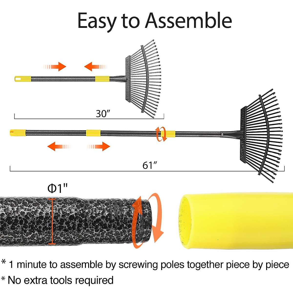 Collapsible Rake for Leaves, 30-61 inch Metal Leaf Rakes for Lawns Heavy Duty Extended Handle, 25 Tines 18" Wide Rake Garden Tools for Camping, Yard, Landscape, Pine Needle and Grass
