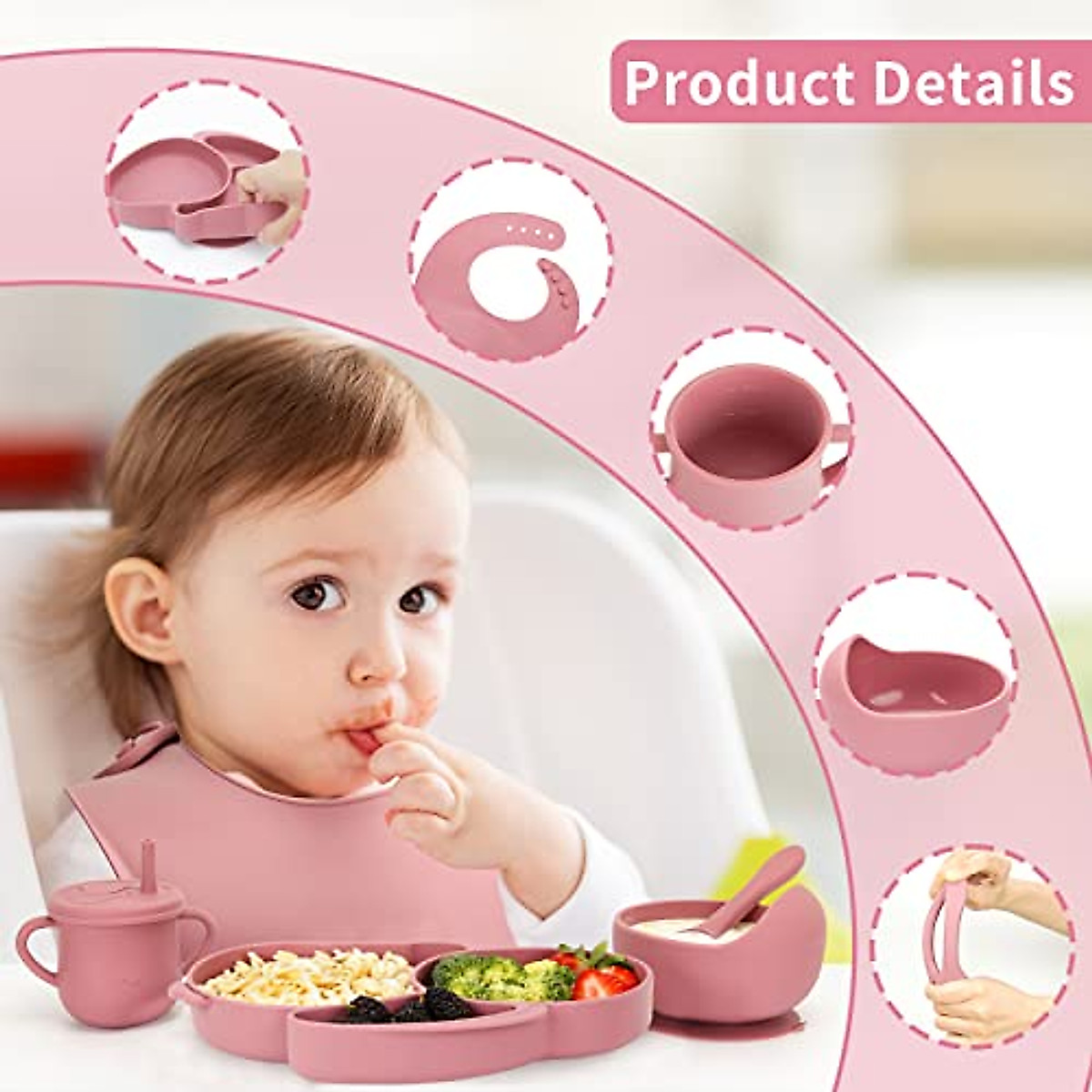 Puxdiauk Silicone Baby Feeding Set, 6 Pcs Baby Led Weaning Supplies with Rabbit Suction Plates, Toddler Bowls Forks and Spoons Bib Cup, Sturdy and NO-BPA for Kid, Dark Pink