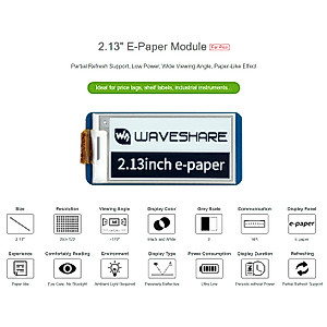 2.13inch E-Paper Display Module for Raspberry Pi Pico,250x122 Pixe E-Ink Black White Two-Color SPI Interface Paper-Like Effect Support Partial Refresh