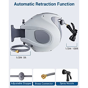 DEWENWILS Retractable Garden Hose Reel, 1/2"×100ft Wall Mount Hose Reel, with 7-Pattern Spray Nozzle, Any Length Lock, 180°Swivel Bracket, Auto Rewind Hybrid Water Hose Reel for Outdoor Watering