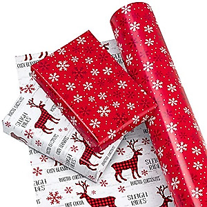 WRAPAHOLIC Jumbo Reversible Christmas Wrapping Paper - 30 Inch X 100 Feet Jumbo Roll Red White Snowflakes and Reindeer Design