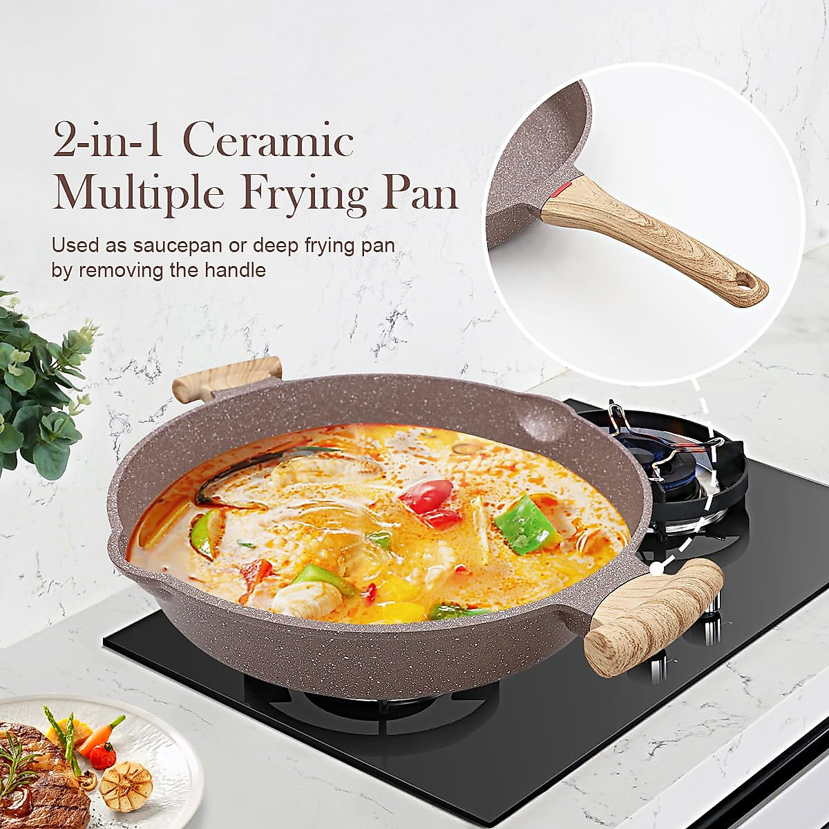 AIKENBBKK 2-In-1 Ceramic Nonstick Deep Frying Pan Skillet, 12.5 Inch Saute Pan with Lid Non Toxic, PTFE & PFOA Free, Compatible with All Stovetops- Brown