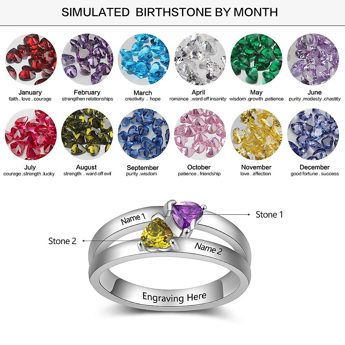 Ashleymade Heart Promise Rings for Her Personalized 2 Names 2 Simulated Birthstone Mother Daughter Rings Engagement Rings for Women (Silver, 9)