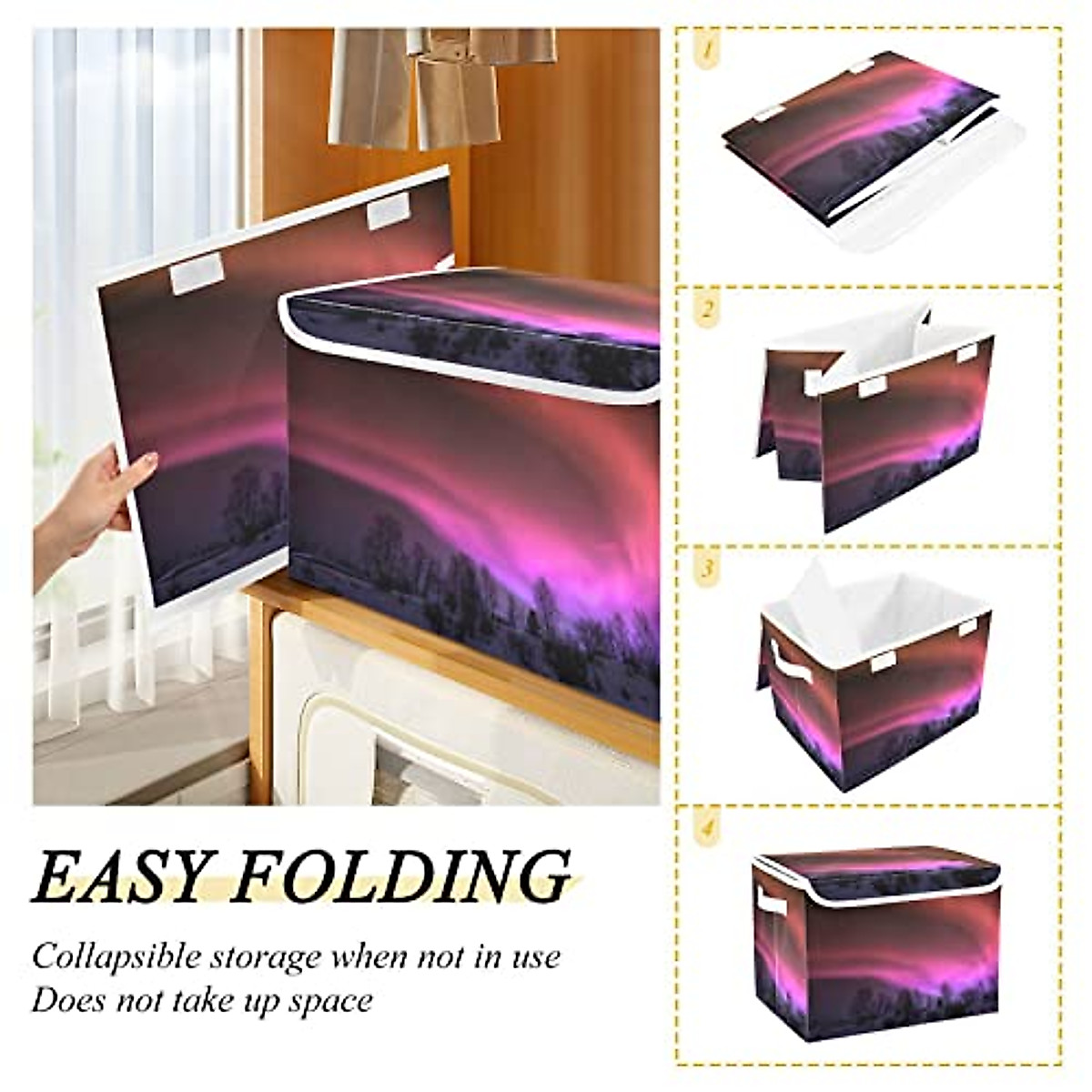 Kigai Aurora Borealis Purple Pink Storage Baskets for Shelves Foldable Closet Basket Storage Bins with Lid for Clothes Home Office Toys Organizers