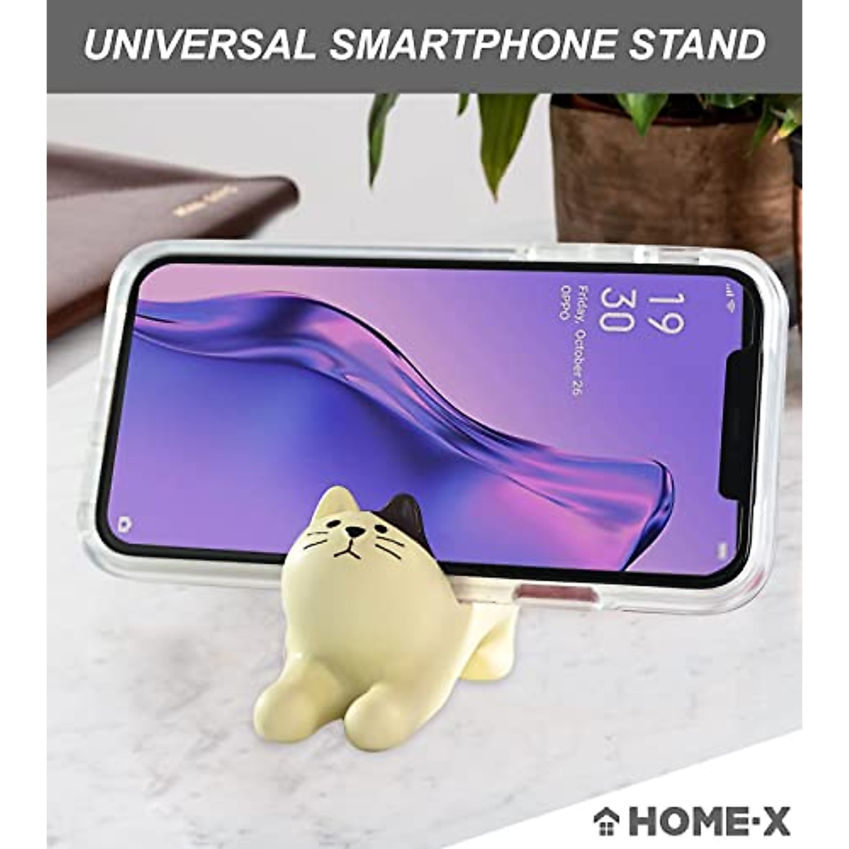 Home-X Cat Phone Stand, Cute Desktop Smartphone Holder, Vertical or Horizontal, Universal Cell-Phone Stand, Cream with Spots