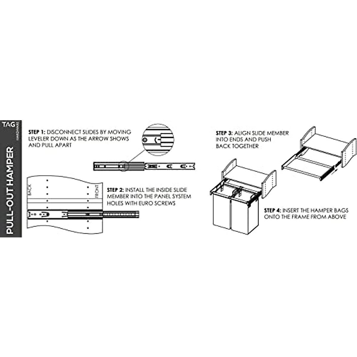 TAG Hardware Full Extension Pullout Laundry Hamper with Removable Bag Polished chrome (24" W 2 removable small bags)