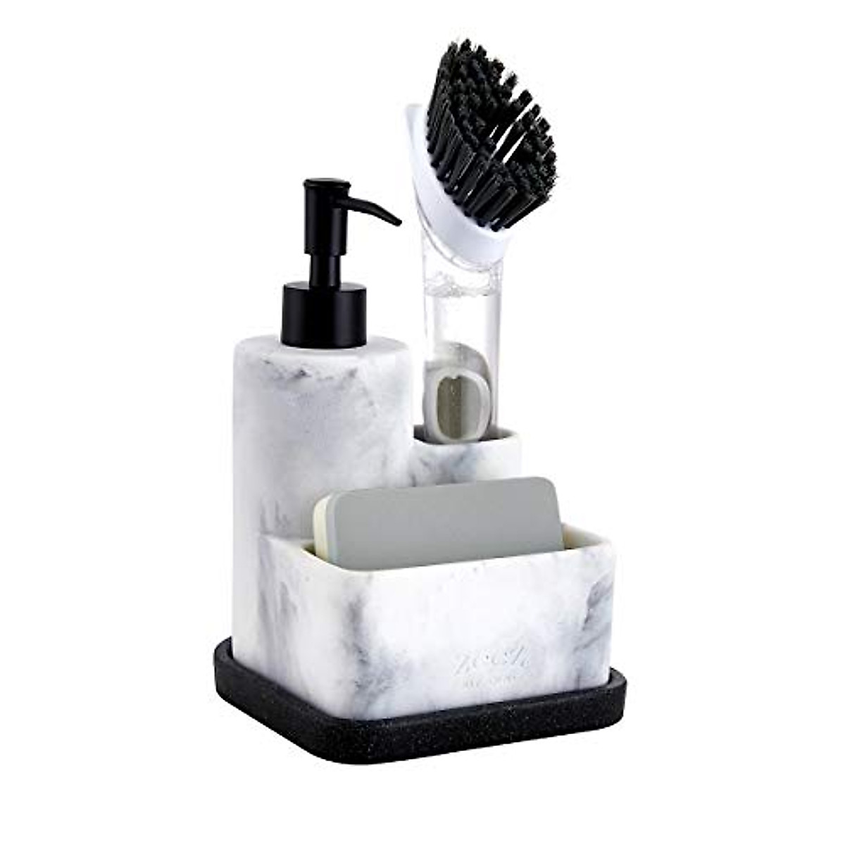 ZCCZ White Soap Dispenser with Sponge Holder, Kitchen Soap Dispenser Pump, Sponge Caddy and Brush Holder 3 in 1 Set Organizer for Sink Countertop, Removable Tray, Marble Look