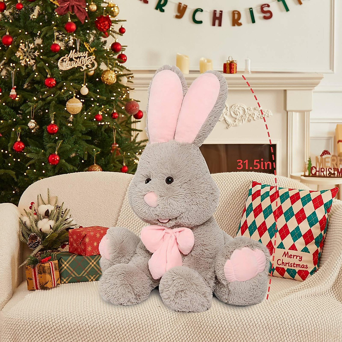 MorisMos Giant Bunny Stuffed Animal, 31.5'' Large Grey Rabbit Plush Toy with Pink Ears, Soft Toy for Girls/Boys, Ideal Gift for Easter, Halloween, Christmas, Cuddling, Snuggling