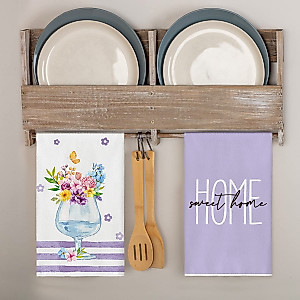 Artoid Mode Purple Stripes Flowers Bloom Spring Kitchen Towels Dish Towels, 18x26 Inch Seasonal Summer Holiday Decoration Hand Towels Set of 2