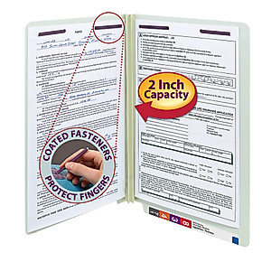 Smead End Tab Pressboard Fastener File Folder with SafeSHIELD Fasteners, 2 Fasteners, 2" Expansion, Legal Size, Gray/Green, 25 per Box (37715)
