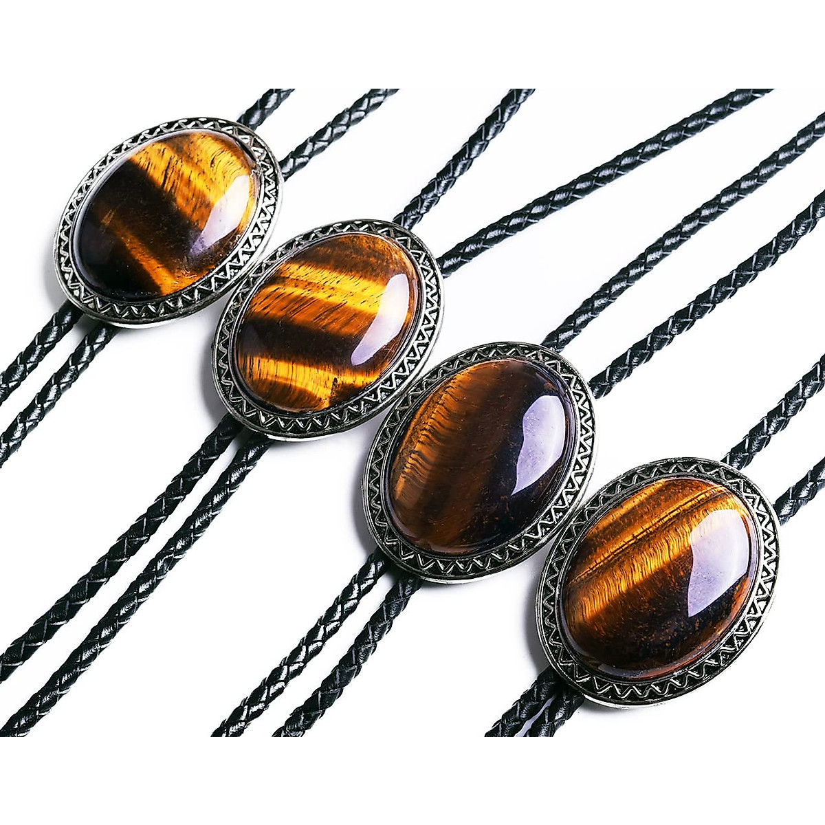 Moranse Bolo Tie with Natural Tiger Eye Stone Celtic Style Genuine and Cowhide Rope(Tiger Eyes 1 Style)