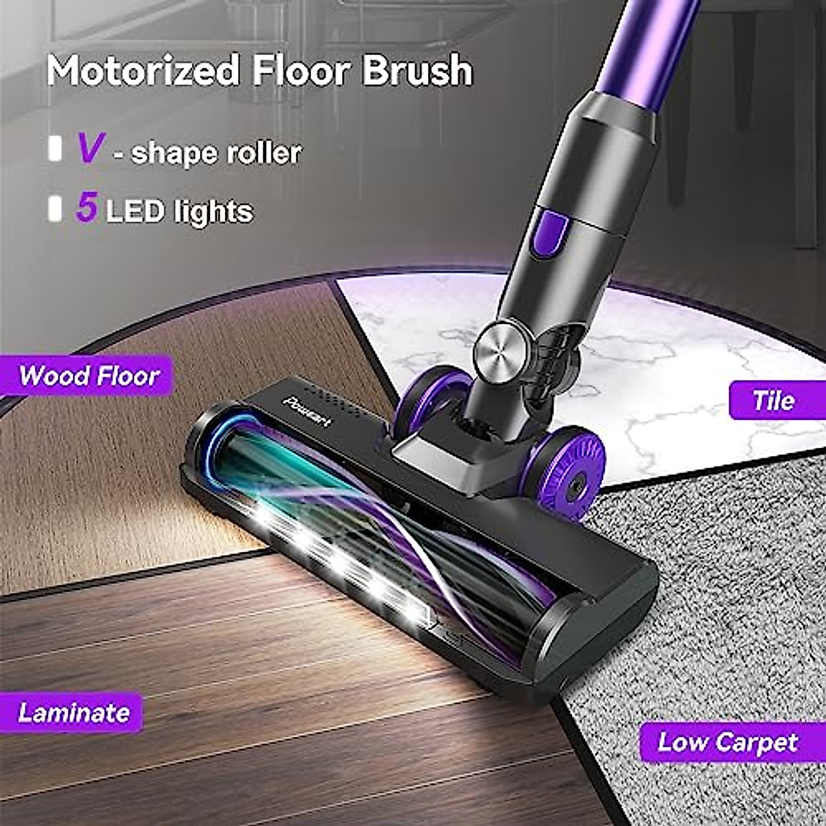 POWEART Cordless Vacuum Cleaner, 8-in-1 Cordless Stick Vacuum 30Kpa Powerful Suction, 8-Cell 2600mAh Battery 350W Rechargeable Vacuum Cleaner Cordless for Hard Floor Carpet Pet Hair - Violet
