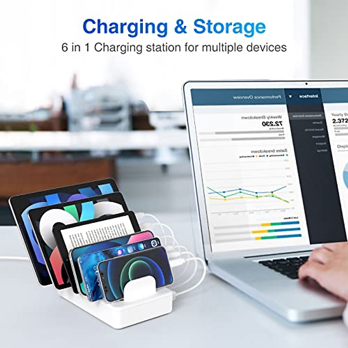 ZXSWONLY Charging Station for Multiple Devices, 50W 6 Ports USB Charging Station Organizer with 6 Cables Compatible with Cellphone, Tablet, Kindle, and Other Electronic (White)