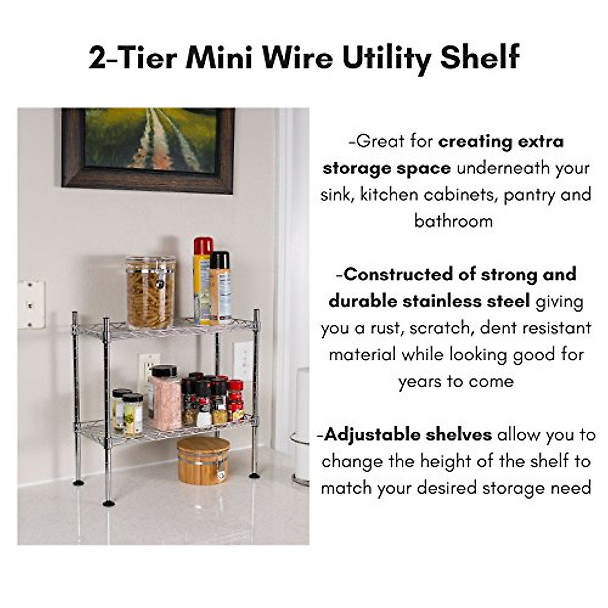 Internet's Best 2-Tier Mini Wire Utility Shelving - Chrome - Small Shelf - Adjustable Rack Unit - Kitchen Bathroom Pantry Laundry Storage - Under The Sink Organization - Organize Your Cabinets