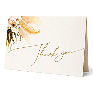 Anna Marie Collections 25 Pack Boho Thank You Cards with Envelopes Pampas Grass and Floral Design - Wedding, Bridal Shower, Baby Shower, Graduation, Baptism Cards - Blank Greeting Cards