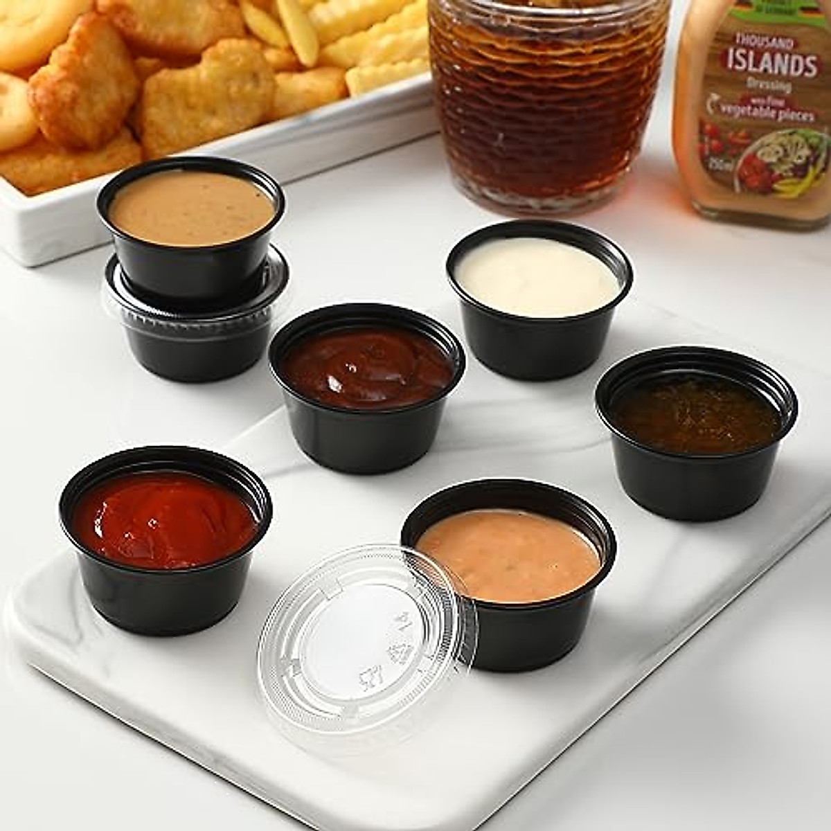 AOZITA 200-2 oz Black Jello Shot Cups, Portion Cups, Small Plastic Containers with Lids, Airtight Souffle Cups, Salad Dressing Container, Sauce Cups, Condiment Cups for Lunch, Party to Go, Trips