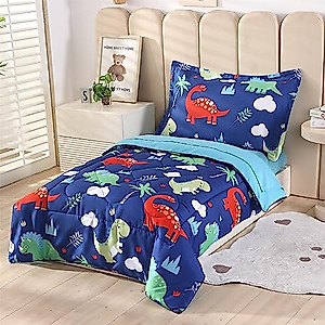 Wowelife Toddler Bedding Sets for Boys, Premium 4 Piece Dinosaur Toddler Comforter Set, Blue Bed-in-a-Bag, Super Soft and Comfortable for Toddler