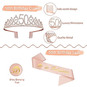 50th Birthday Decorations for Women,90 PCS Rose Gold 50th and Fabulous Birthday Decorations,Including Happy 50th Birthday Banner Backdrop,Crown,Hanging Swirl, birthday Balloons, Foil Backdrops,Cake Toppers, Plates, Photo Props, Birthday Sash,50th Birthday