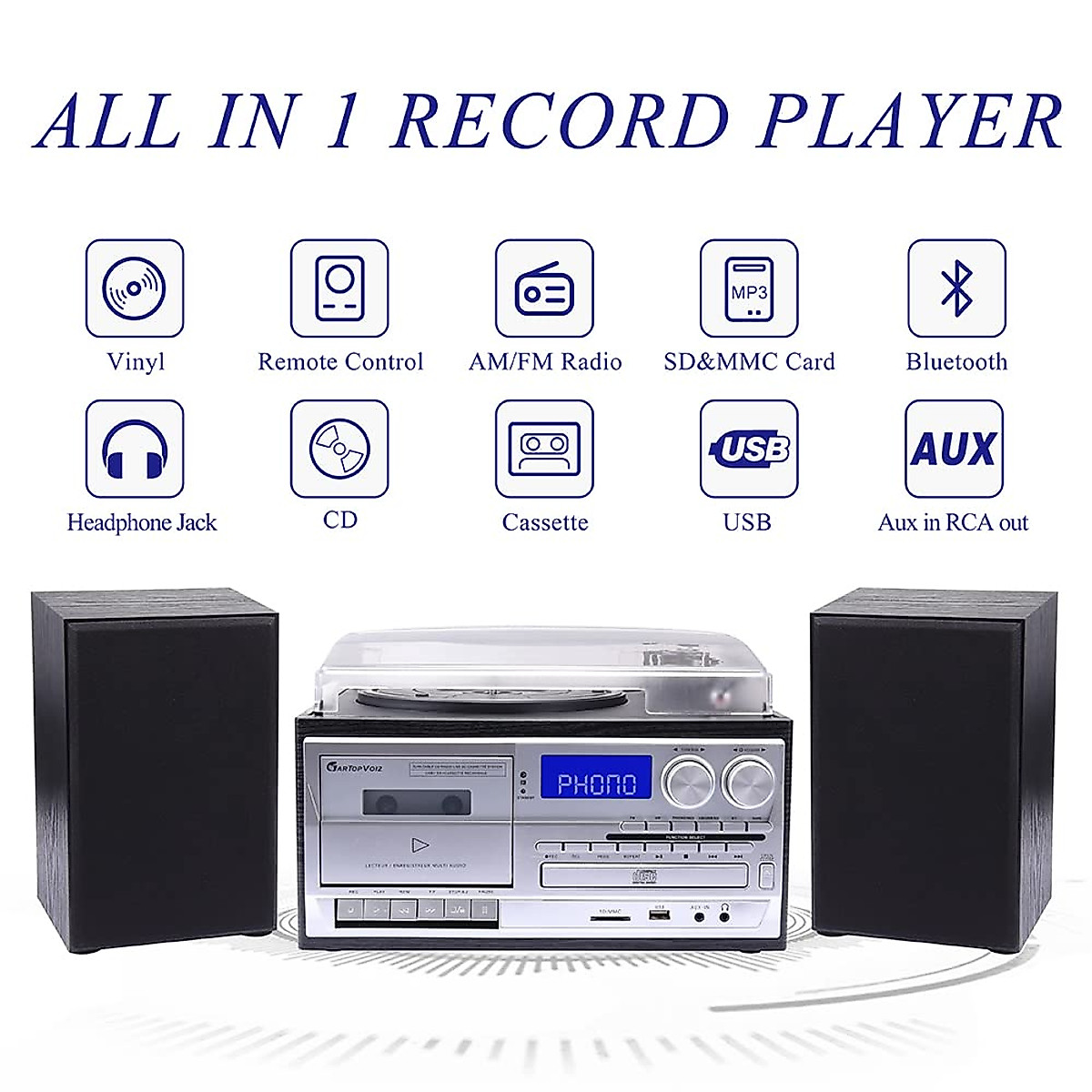 Gartopvoiz Bluetooth Vinyl Record Player, 3 Speeds All in 1 LP Turntable with External Stereo Speakers, CD Player Cassette AM/FM Radio USB/SD Encoding & Playing Phonograph