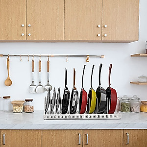 Puricon Expandable Pot and Pan Organizer for Cabinet with 10 Dividers, Adjustable Pots and Pans Organizer Rack Pan Lid Cookware Bakeware Baking Storage Holder for Kitchen Countertop Pantry -White