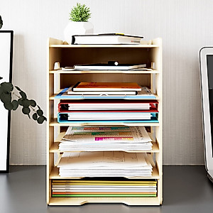 PUNCIA 7Tiers Lengthways Wood Office Paper Organizer for Desk Desktop File Holder Stackable Letter Tray Legal A4 Paper Sorter Document Book Magazine Mail Storage Shelf Rack Desk Literature Organizer