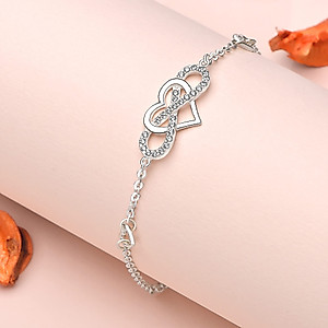 ELEGANZIA Infinity Heart Bracelet For Women Sterling Silver, Tiny Heart Charm Chain Bracelet Friendship Jewelry