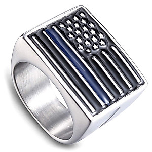 Sping Jewelry Blue Line USA Flag Ring Black American Police Flags Signet Biker Band