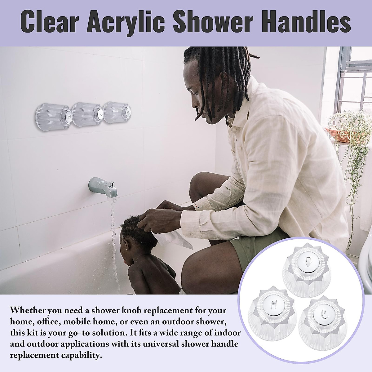 hansengroe Shower Knobs 3 Piece Replacement for Price Pfister Bathtub Faucet Handles, 12 Point Broach, Clear Acrylic Shower Handles Hot and Cold Replacement Kit Include Diverter