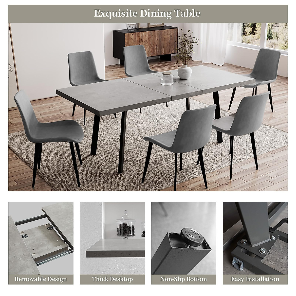 Zerifevni 7 Piece Dining Table Set, 62 Inch Modern Kitchen Table with 6 Dining Chairs for 4-6 Person, Expandable MDF Dining Table with Steel Legs for Dining Room, Kitchen, Save Space