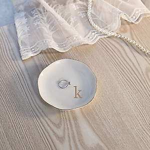 HOME SMILE Initials Ring Dish Jewery Tray with Personalized K-Monogrammed Engagement Wedding Gifts for Friends,Sister,Birthday Christmas Gifts for Women,Ceramic White