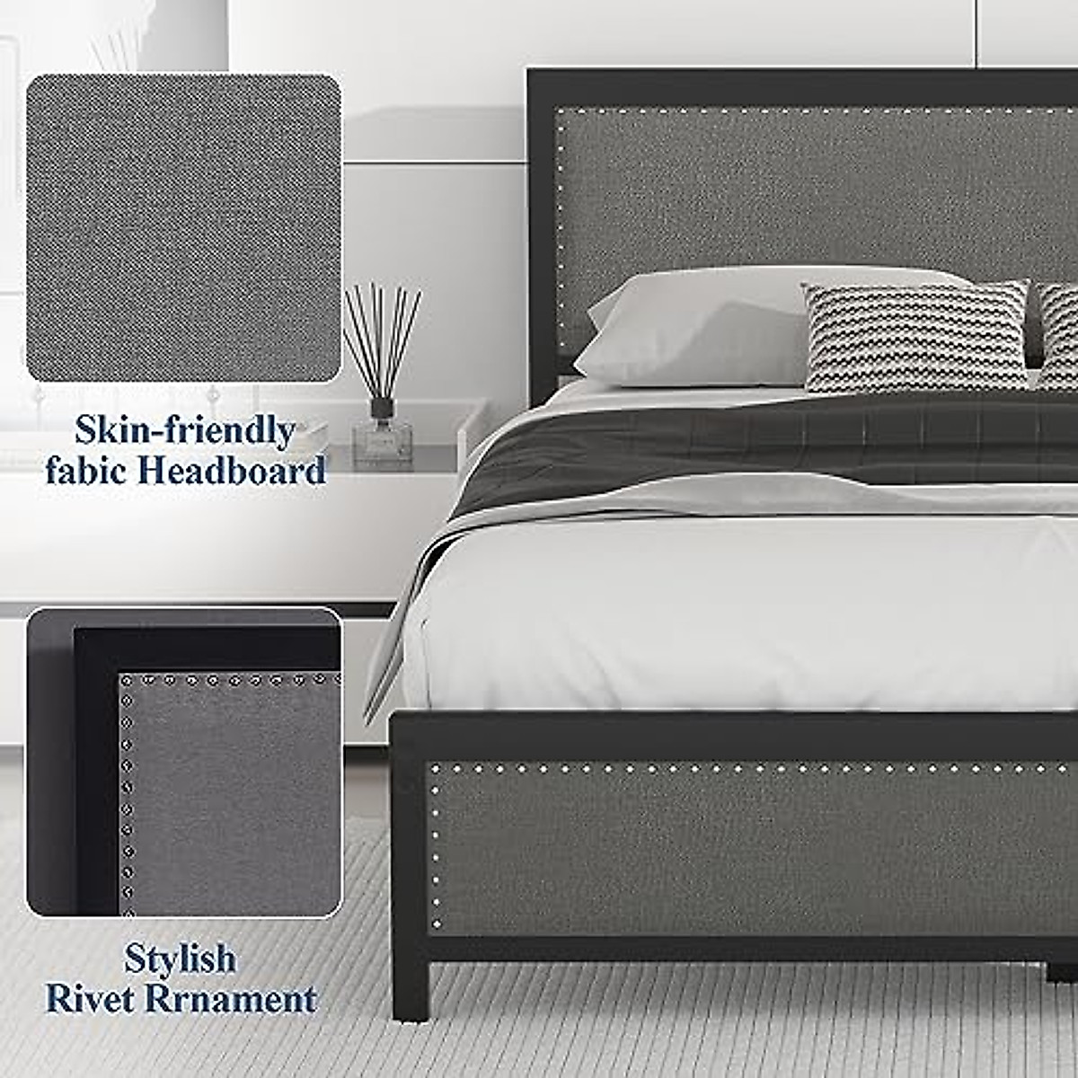 VECELO Full Size Bed Frame with Linen Fabric Headboard and Footboard, Heavy-Duty Platform with Strong Steel Slats, No Box Spring Needed, Easy Assembly, Grey
