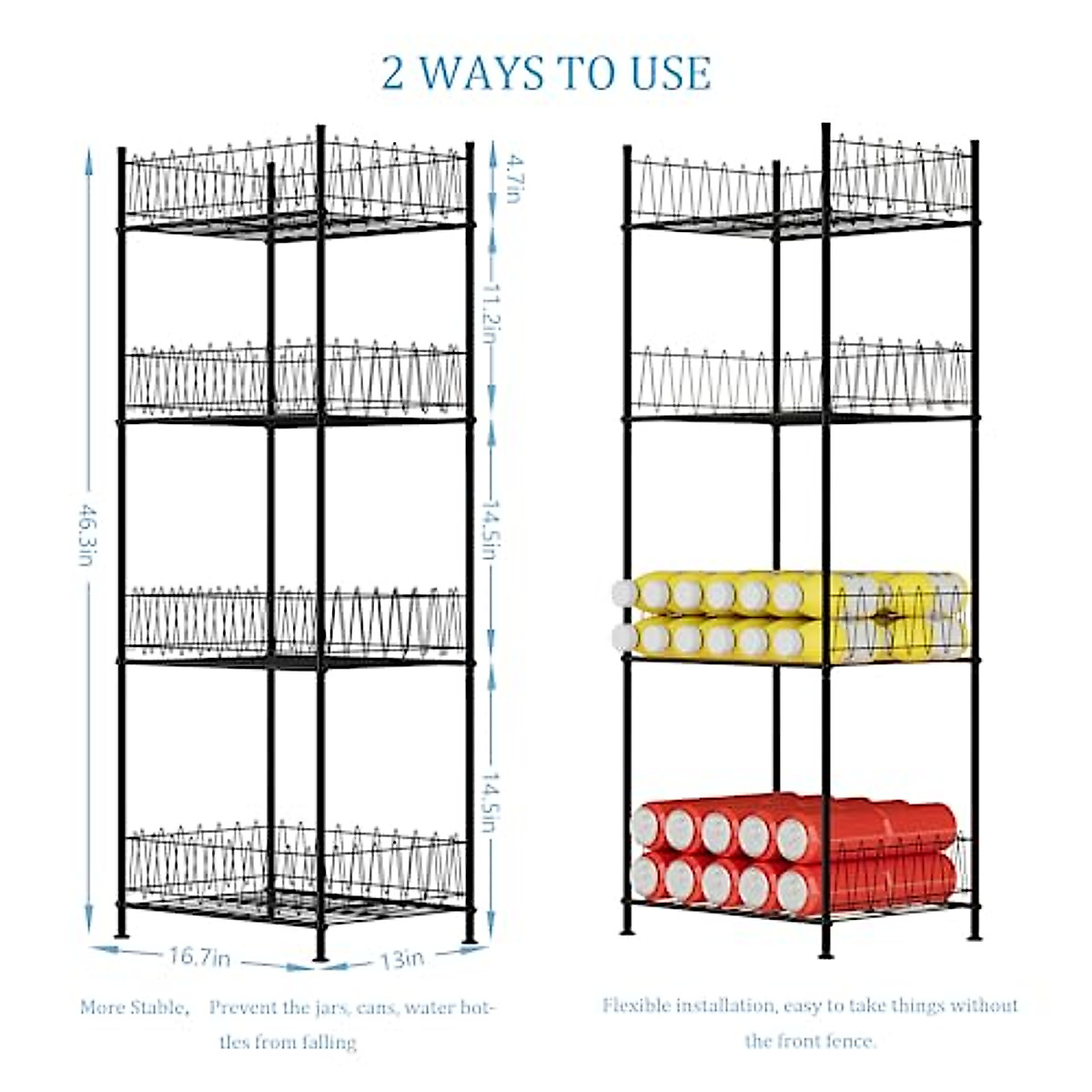 smusei Water Bottle Organizer Rack 4 Tier Free Standing Bottled Water Storage Organizer for Floor, Metal Beverage Soda Can Dispenser Shelf Holder Stand for Kitchen Pantry Office, Black