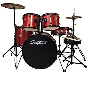 Rise by Sawtooth Full Size 5-Piece Student Drum Set with Hardware and Cymbals, Red Sparkle