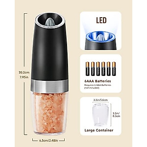 Gravity Electric Pepper and Salt Grinder Set, Sangcon Automatic Pepper and Salt Mill Grinder Battery Powered with LED Light, Adjustable Coarseness, One Hand Operation, Upgraded Larger Capacity, 2 Pack