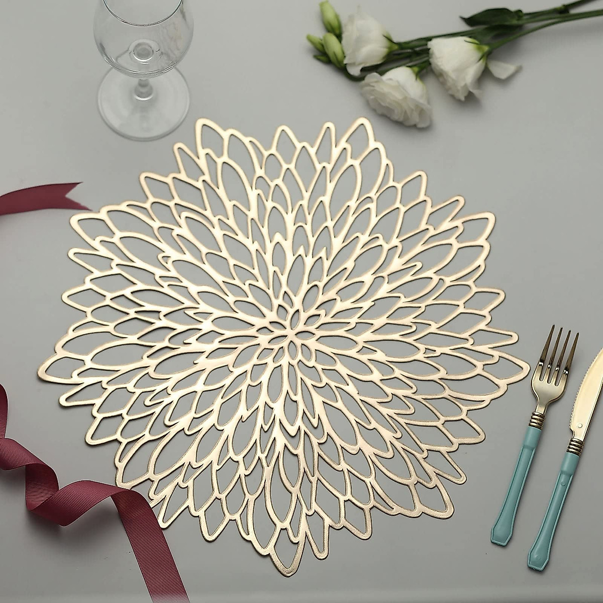 TABLECLOTHSFACTORY 6 Pack | 15" Gold Floral Vinyl Placemats | Non Slip Dining Table Placemats For Wedding Events Birthday Party