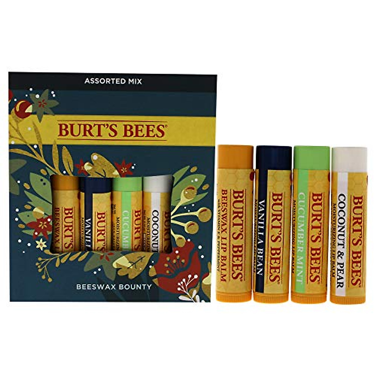 Burt’s Bees Holiday Gift, 4 Lip Balm Stocking Stuffer Products, Beeswax Bounty Assorted Set - Original Beeswax, Vanilla Bean, Cucumber Mint & Coconut Pear (Old Verison)