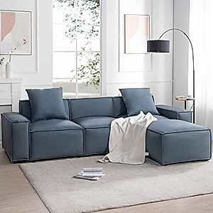 ATY L Shaped Sectional Sofa with Removable Ottomans and 2 Pillows, Living Room Polyester Couch w/Low Backrest & Wide Armrest, for Home, Apartment, Office, Livingroom, Blue Gray